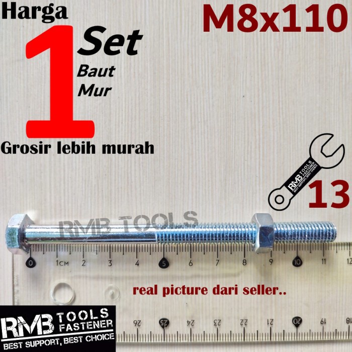 Jual M8x110 Baut Mur Putih Besi Hex ZP BMP Galvanis Kunci 13 Pitch 1.25 ...