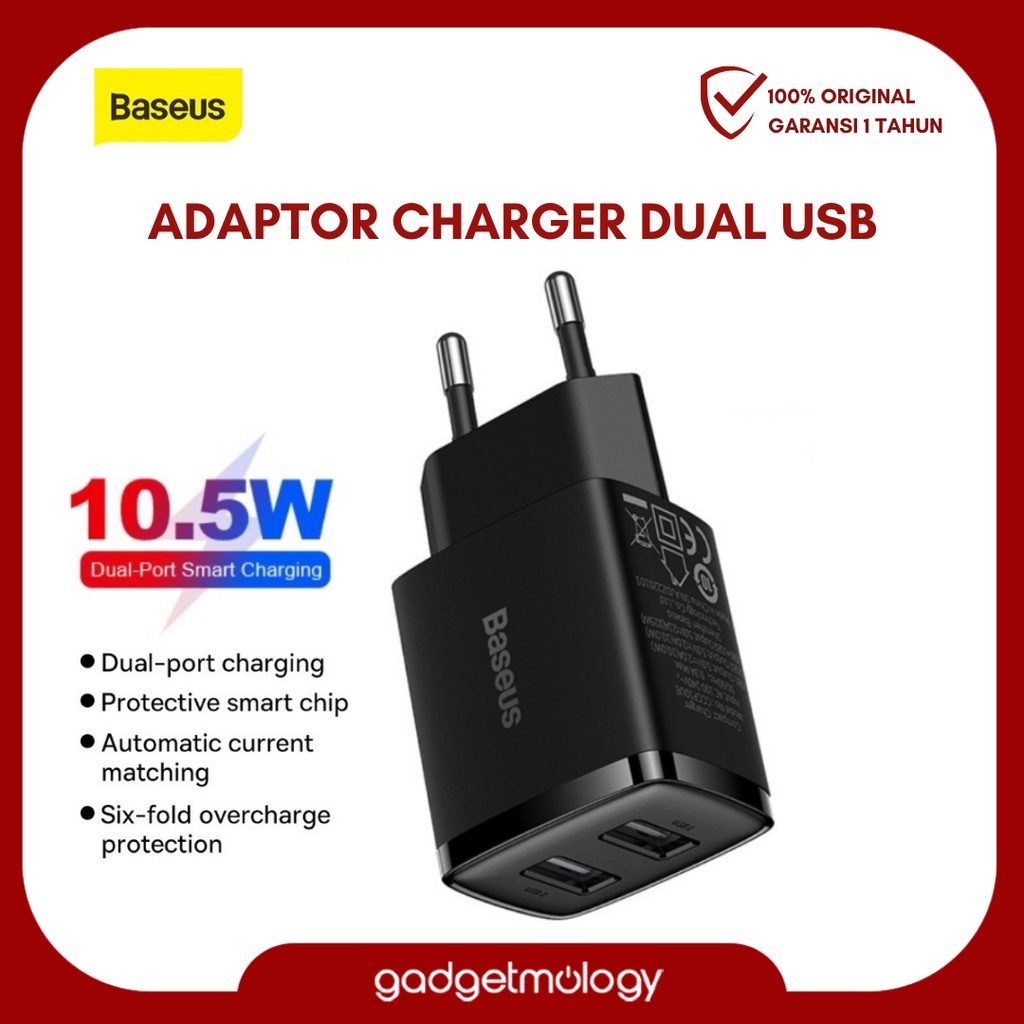 Jual BASEUS Compact Mini Charger Adaptor USB Dual Port 10.5W 2.1A ...