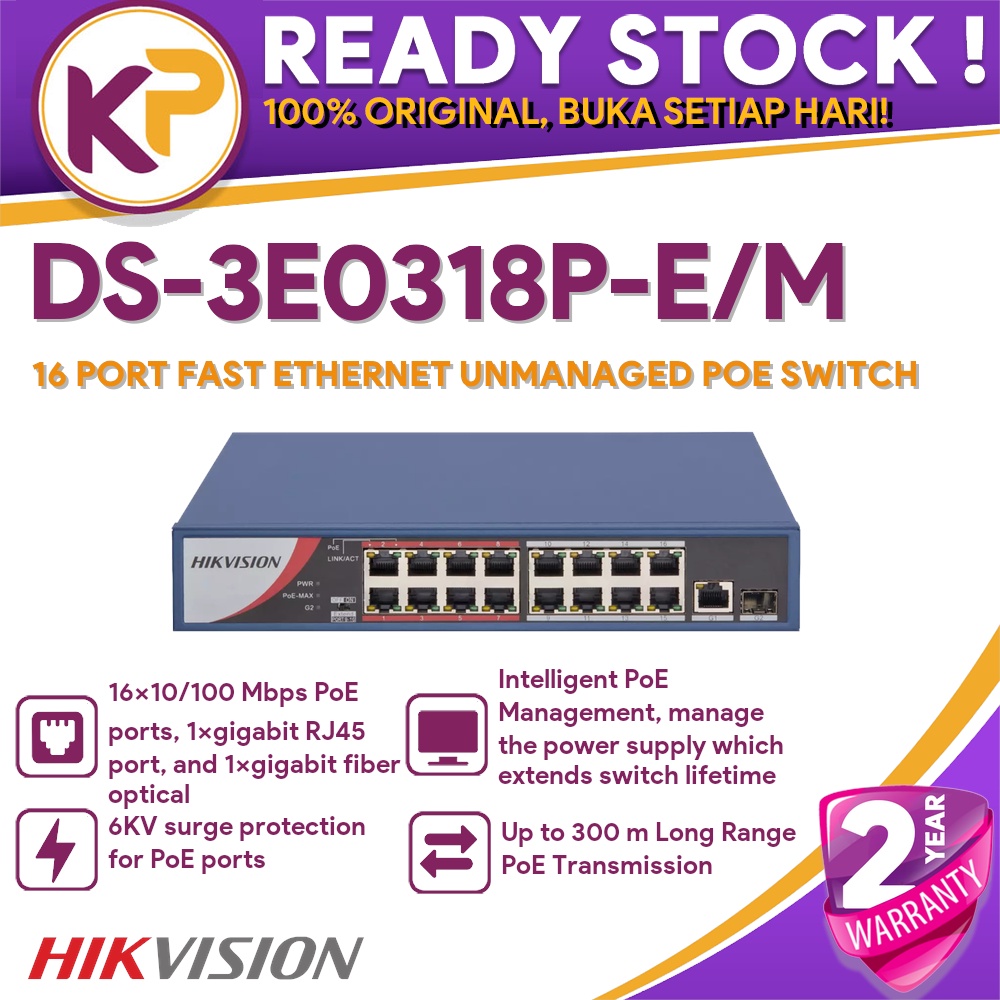 Jual HIKVISION DS-3E0318P-E/M 16 PORT FAST ETHERNET UNMANAGED POE SWITCH | Shopee Indonesia