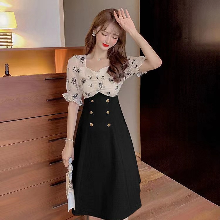 Jual FAN Gaun sifon lengan pendek retro Prancis/dress hitam korea/baju ...