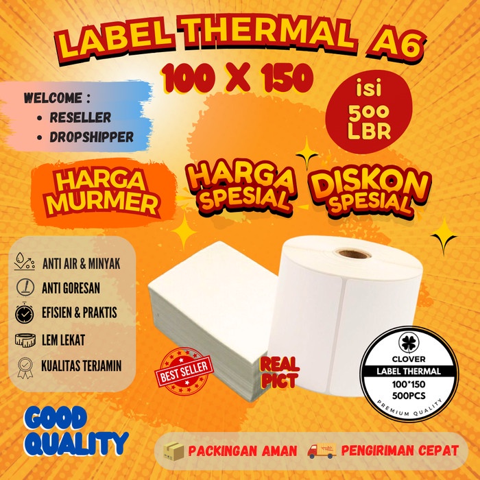 Jual KERTAS THERMAL Print LABEL STICKER 100X150 BARCODE UKURAN A6 - 500-ROLL | Shopee Indonesia