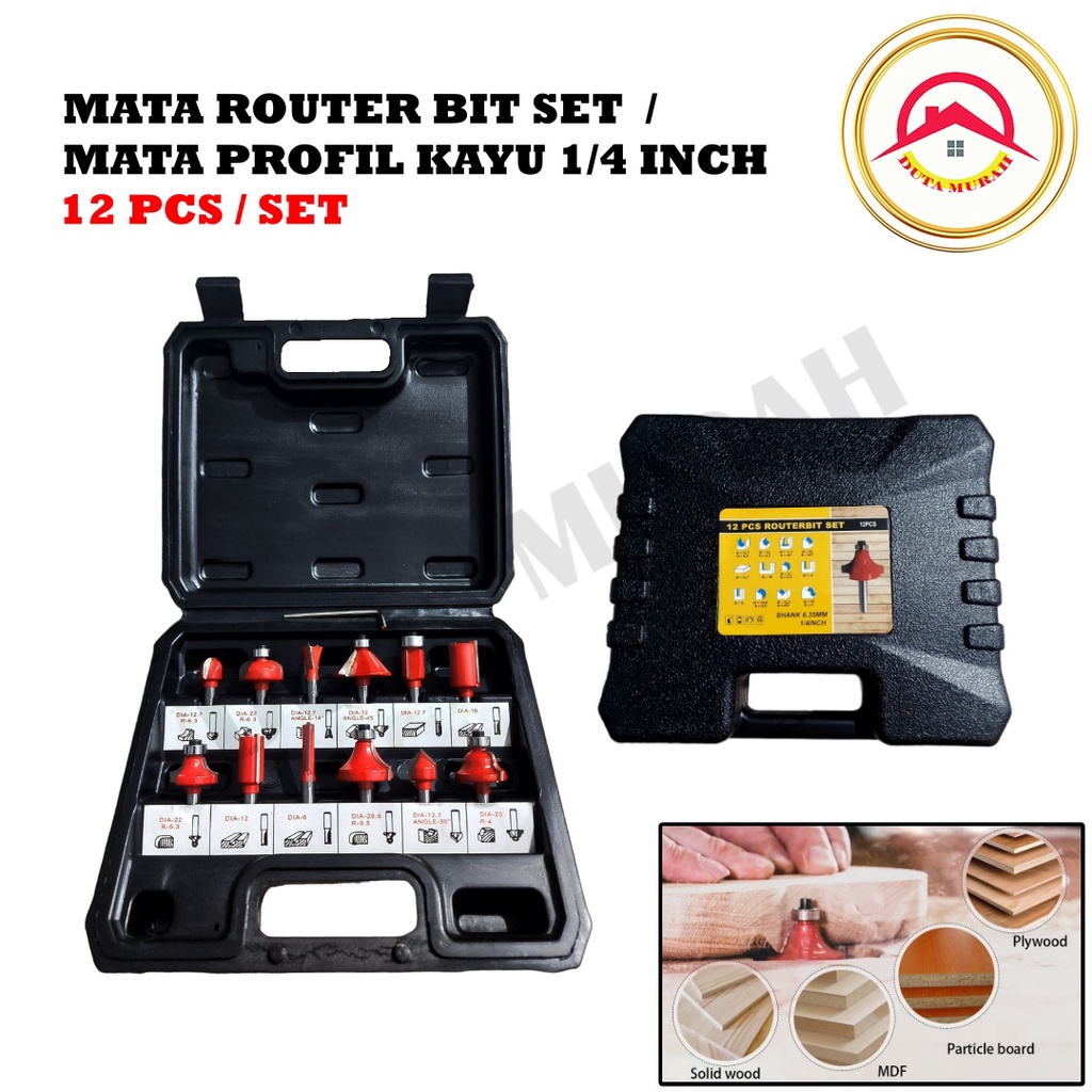 Jual Mata Profil Set 12pcs Trimmer Router Bits Set 1/4Inch Mata Router ...