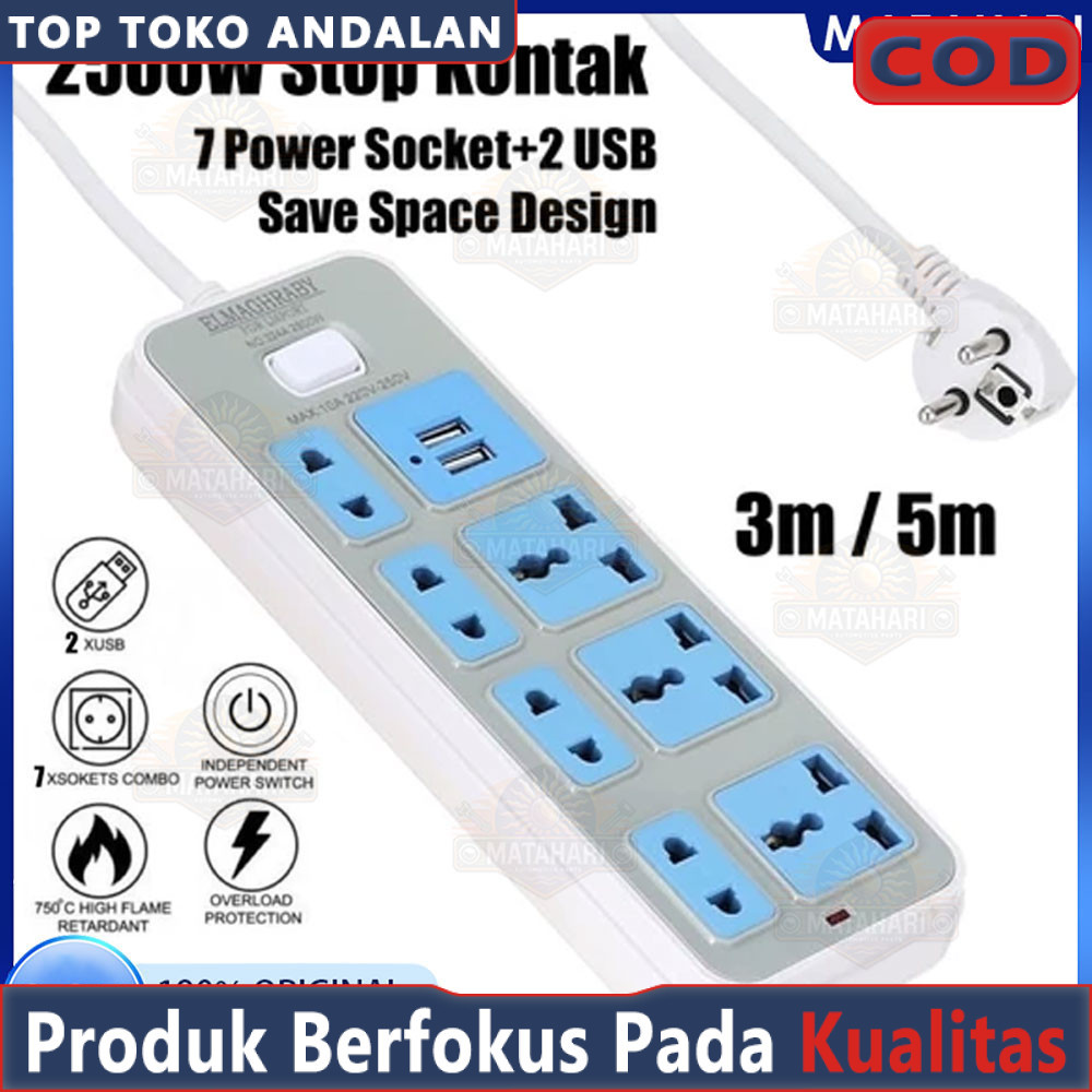 Jual universal power strip stop kontak 9 power socket 2 usb port + c fast charging - kabel 2 ...