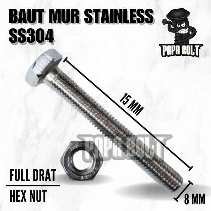 Jual Baut Mur Hex Stainless Steel 304 8x15 / M8 x 15 Kunci 13 P1.25 FT ...
