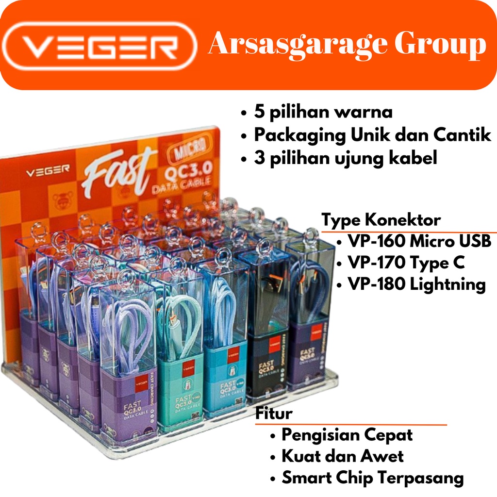 Jual Kabel Data Cable V-160 Micro USB | VP-170 USB Type C 3.0A | VP-180 USB Lightning 100cm ...