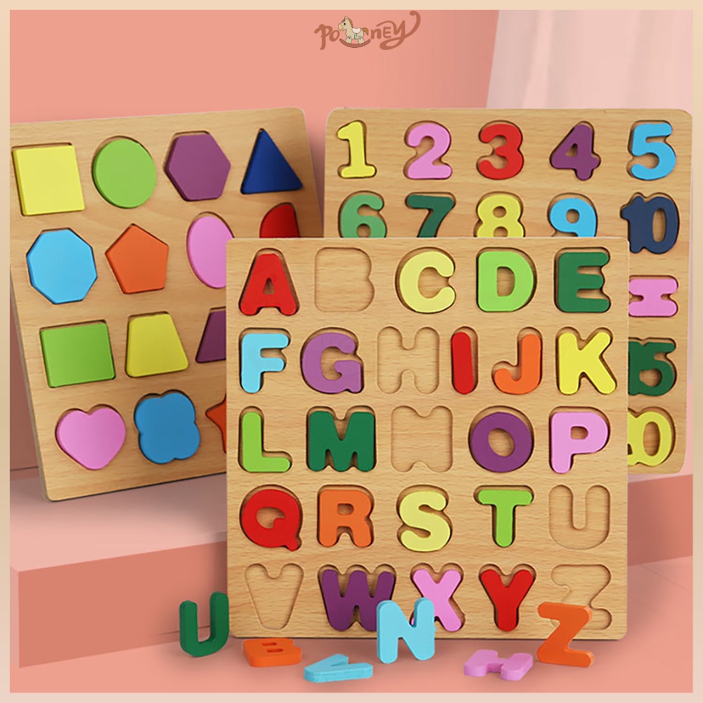 Jual Poney 3PCS Puzzle huruf dan angka Puzzle alphabet Puzzle kayu 3D ...