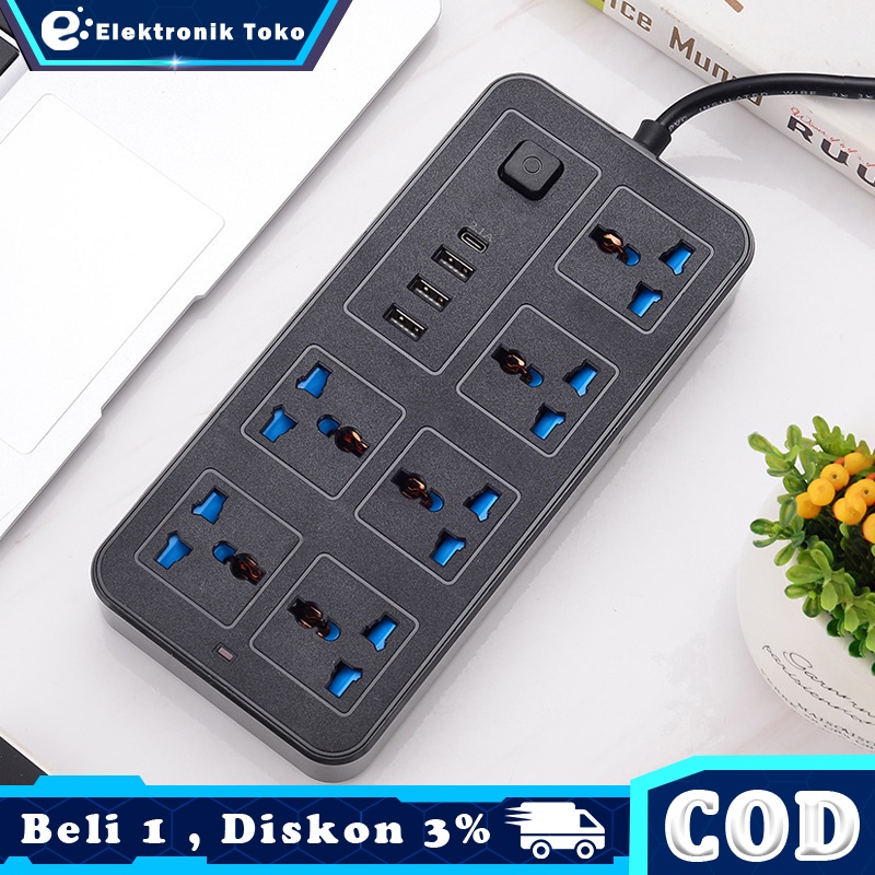 Jual Universal Power Strip Stop Kontak 6 Power Socket 3 USB Port + C Fast Charging - Kabel 2 ...