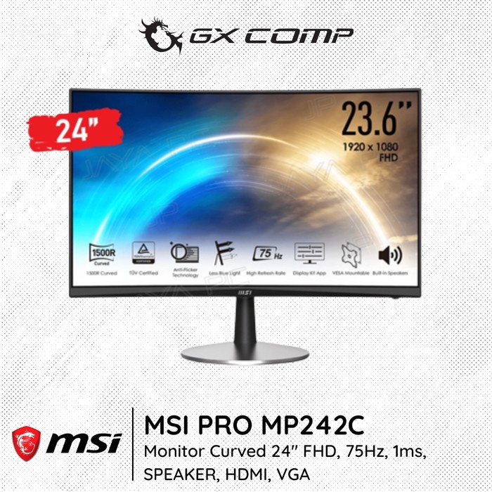 Jual MONITOR LED MSI PRO MP242C CURVED - FHD, 75Hz, 1ms, SPEAKER, HDMI ...
