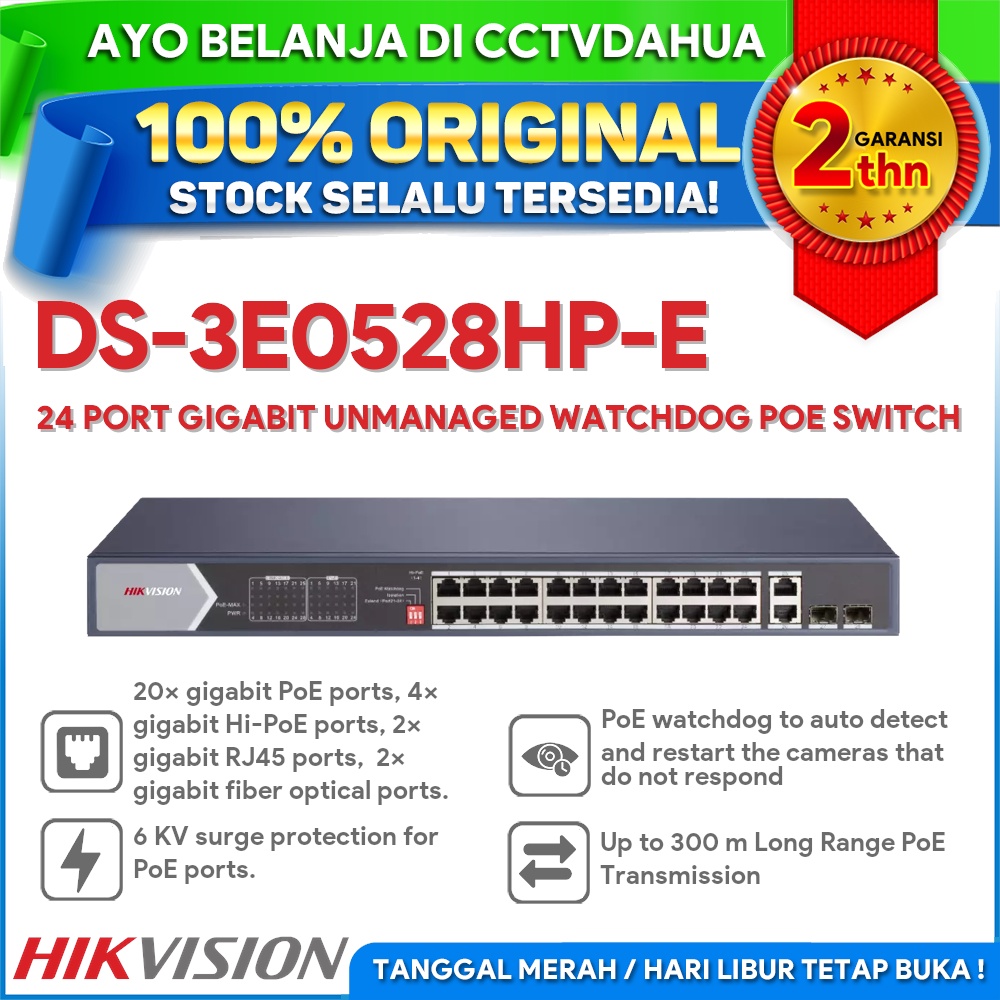 Jual HIKVISION DS-3E0528HP-E 24 PORT GIGABIT UNMANAGED WATCHDOG POE SWITCH | Shopee Indonesia