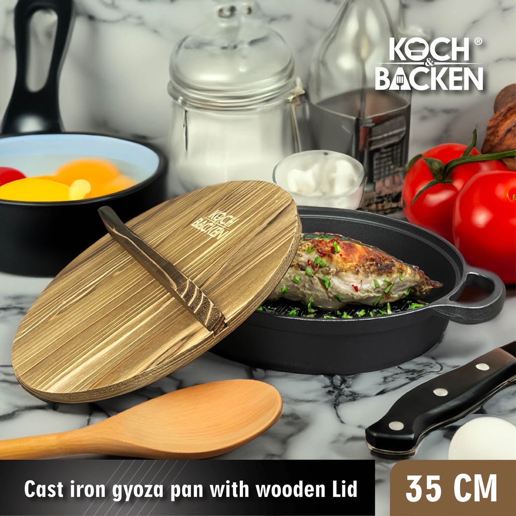 Jual KOCH&BACKEN Cast Iron Gyoza Pan with Wooden Lid - Sukiyaki Hotpot ...