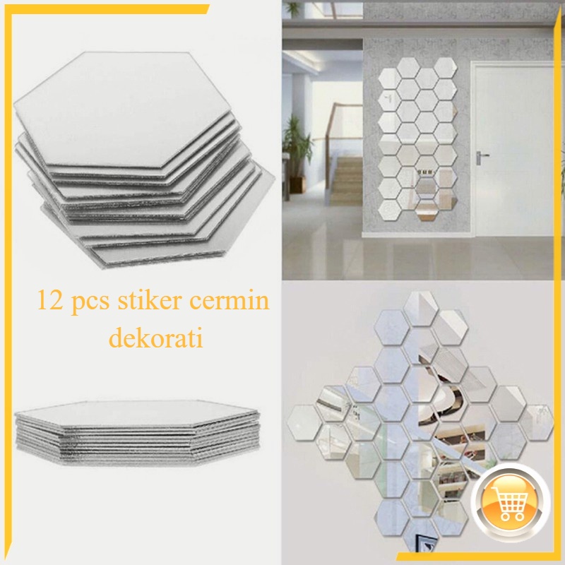 Jual TOSERBA 12 PCS Stiker Cermin Dinding Anti Pecah Hexagonal Mirror ...