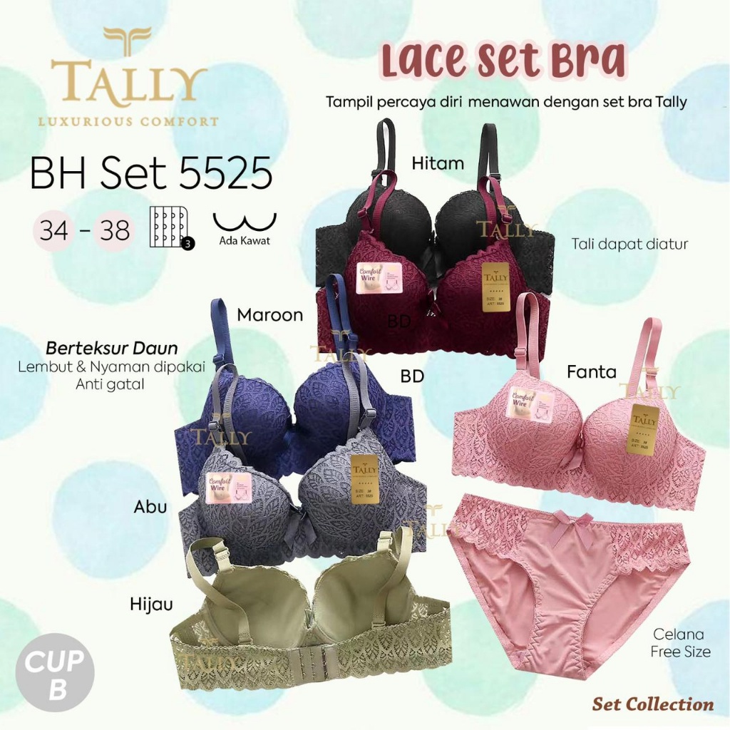 Jual TALLY BRA 5525 BH SET CD CELANA DALAM I CUP B I 3/4 CUP I ADA KAWAT I BUSA TIPIS I KAIT 3 I ...