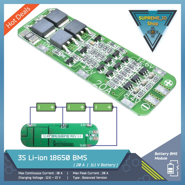 Jual 3S Li-ion Lithium 18650 BMS Battery Charger Board Module | 12V 20A ...