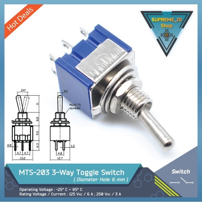 Jual MTS203 MTS-203 3-way 3-pin ON/OFF DPDT Toggle Switch | 250V 3A ...