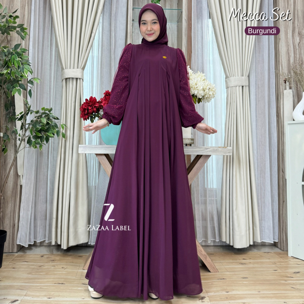 Jual Zazaa Label - Mecca Set Gamis Hijab Motif Polos Bahan Ceruty ...