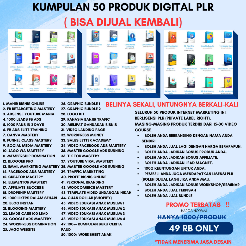 Jual 50 PLR PRODUK DIGITAL MARKETING - ECOURSE TEMPLATE SOFTWARE JUAL LAGI- PELUANG USAHA - TOOL ...