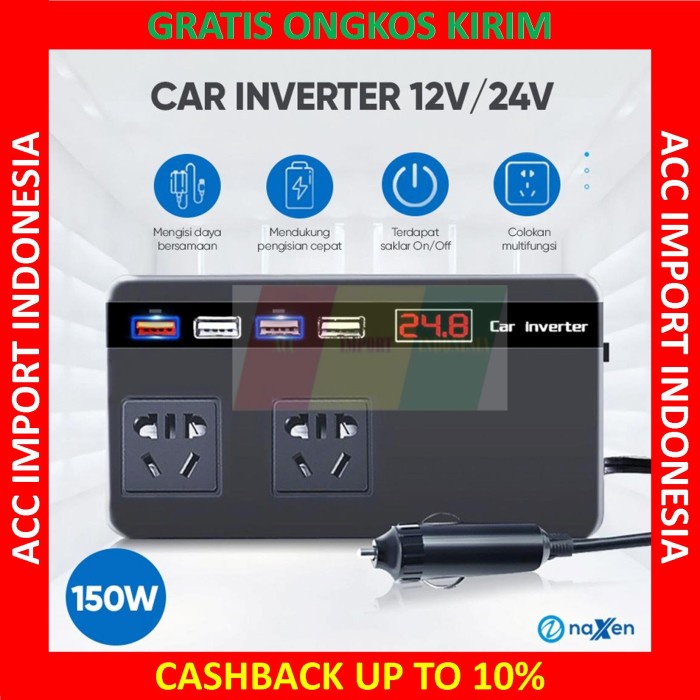 Jual Power Inverter Mobil Car 2 Socket 4 Port USB Charger 150W HP ...