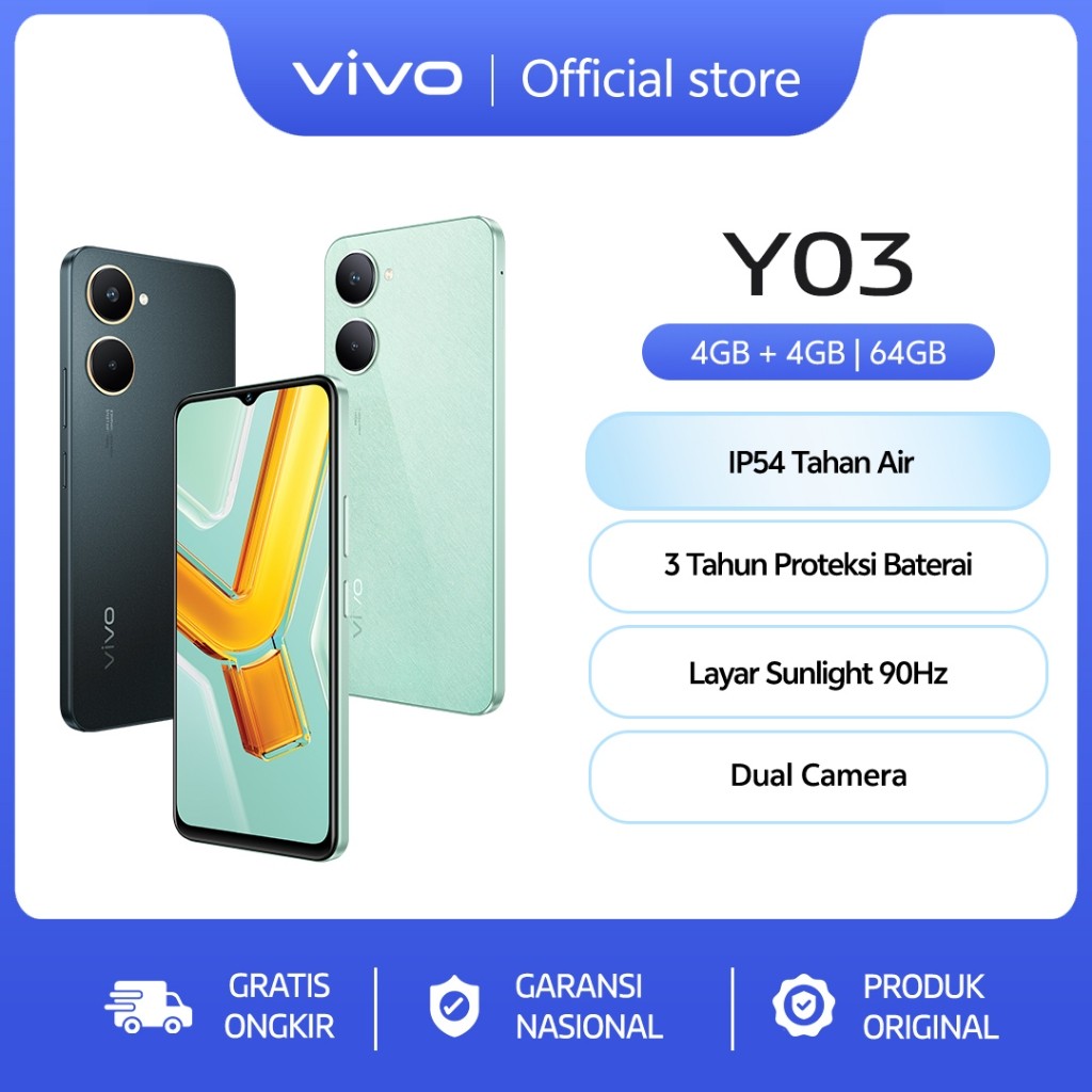 Jual Vivo Y03 (4+4/64) - IP54 Tahan Air, 3 Tahun Proteksi Baterai, Layar Sunlight 90Hz, AI Dual ...