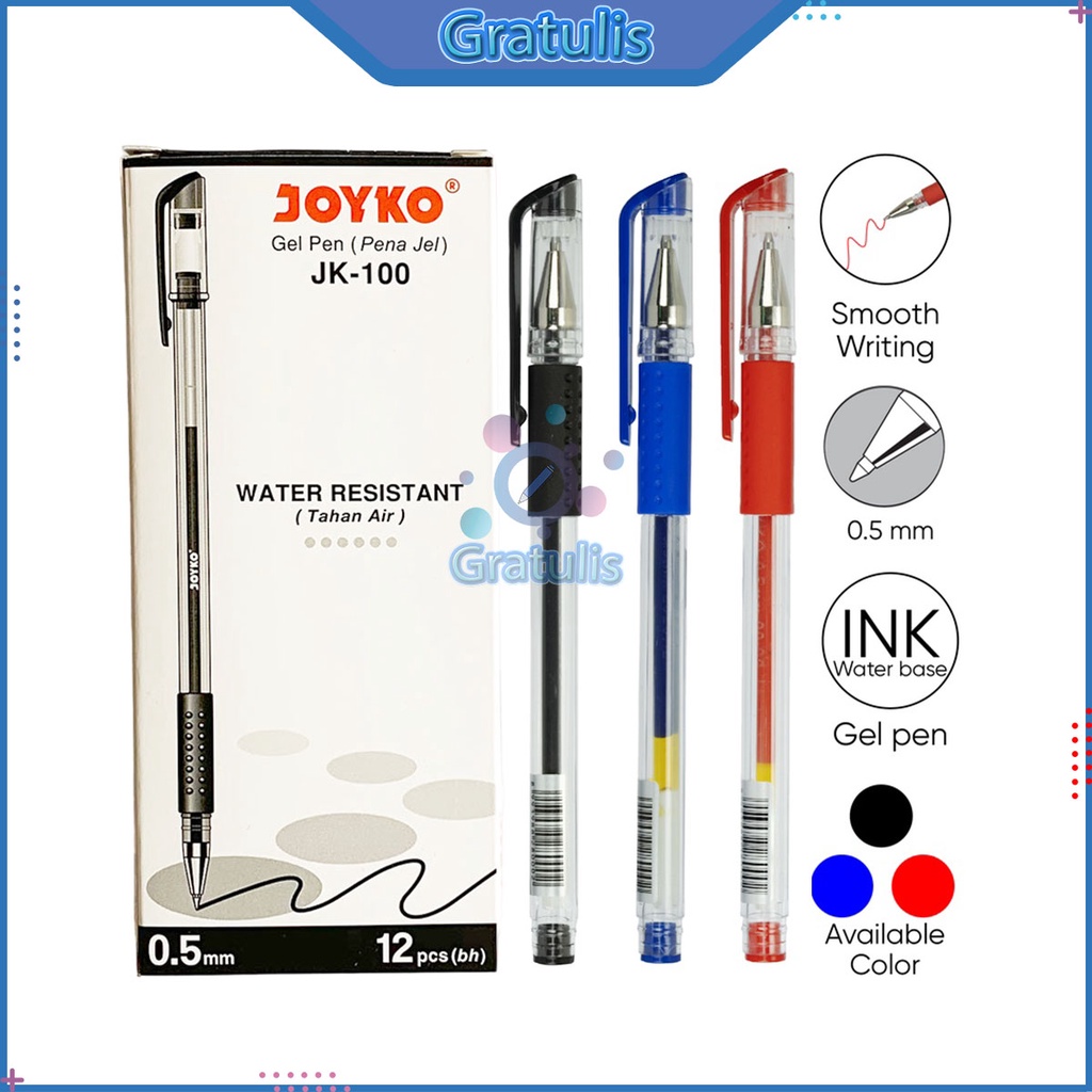 Jual PULPEN JEL 1 PACK JOYKO [JK-100/0.5 MM/1 BOX] / BALL PEN GEL PENA WARNA HITAM BIRU MERAH 1 ...