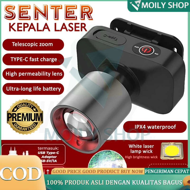 Jual Senter Kepala Zoom Super Terang LED 60w Rechargeable Usb Type C/ Lampu Kepala LED Laser ...