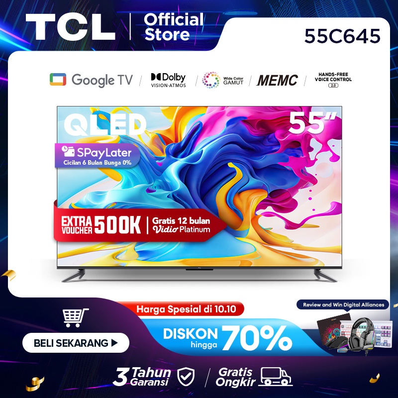 Jual TCL 55 inch QLED Google TV 4KUHD - HDR 10+ - Dolby Atmos & Vision (Model: 55C645) | Shopee ...