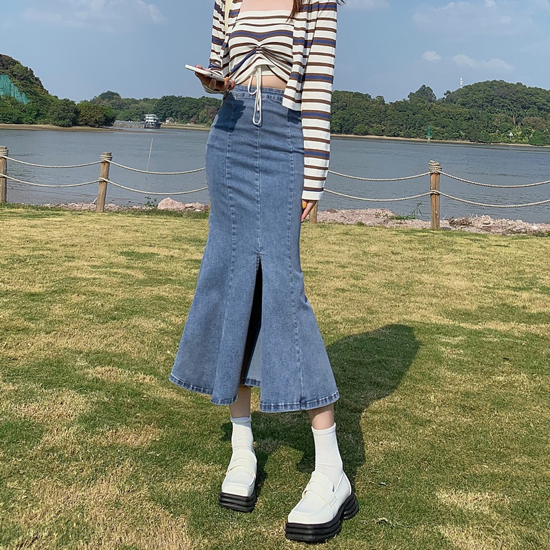 Jual Newlan QZ049 Rok denim slit stretch/ span panjang ||Hyuna Denim ...