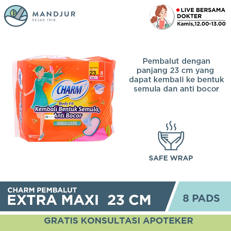 Jual Charm Pembalut Body Fit Extra Maxi 23 cm 8 Pads - Pembalut 23 cm ...