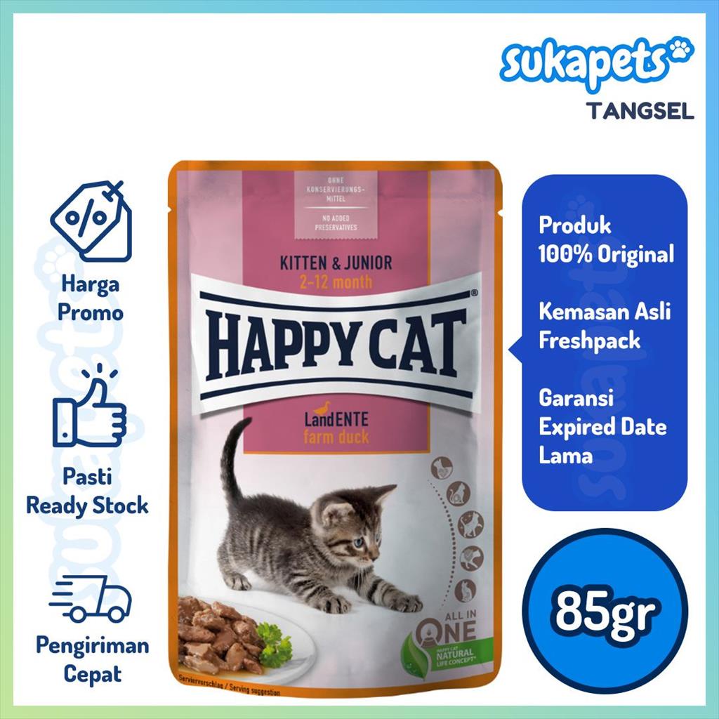 Jual Happy Cat Kitten Junior Farm Duck Makanan Kucing Basah 85gr ...
