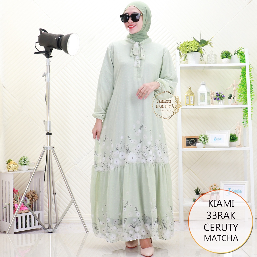 Jual Kiami Gamis Ceruty Furing Motif Kerah Tali Pita Lengan Balon Umpak ...