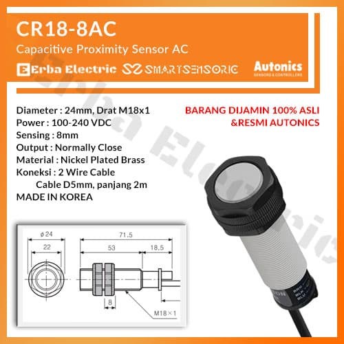 Jual Autonics CR18-8AC Kapasitif Proximity Sensor Capacitive 2 wire AC M18 | Shopee Indonesia
