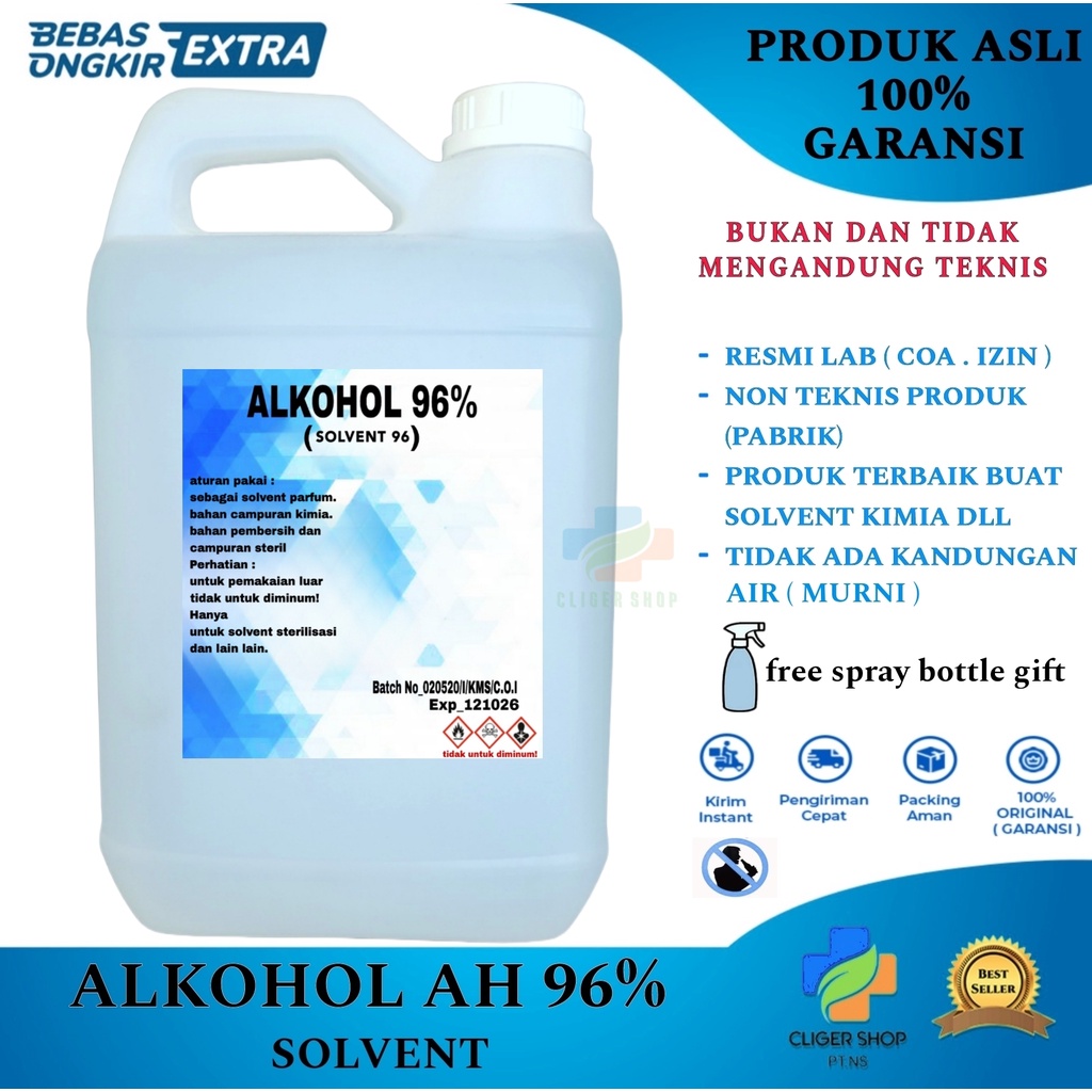 Jual ALKOHOL 96% 5 LITER SOLVENT ALKOHOL 5 L PELARUT PARFUM DLL ...