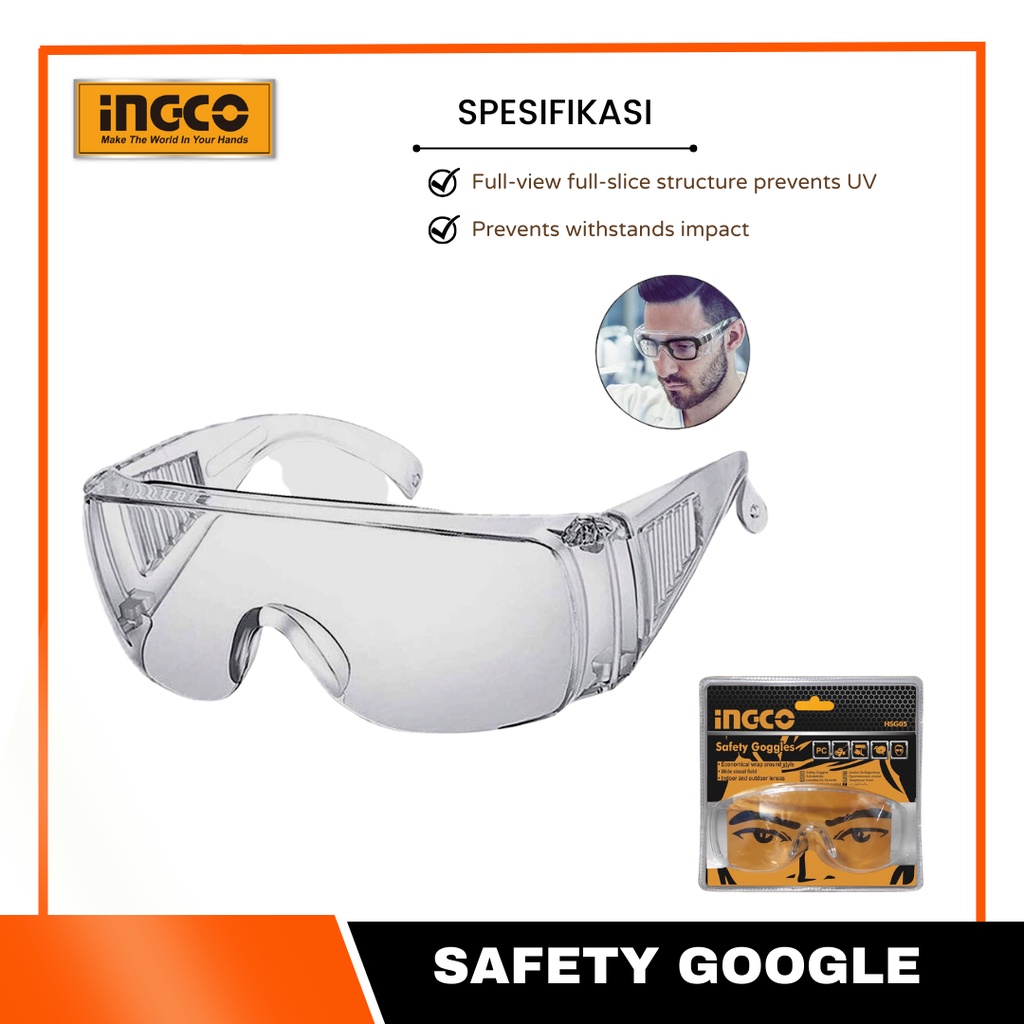 Jual INGCO HSG05 Kacamata Google Transparan Safety Goggles Proteksi Pelindung Mata Tukang Nakes ...