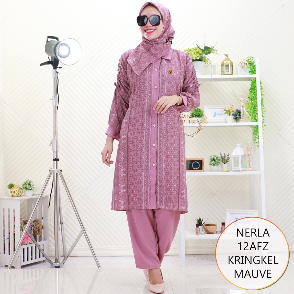 Jual Nerla One Set Long Tunik Wanita Muslimah Full Kancing Lengan Kerut ...