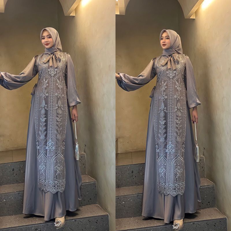 Jual CLARA DRESS BAHAN SATIN ROBERTO MIX OUTER BRUKAT DEPAN BELAKANG ...