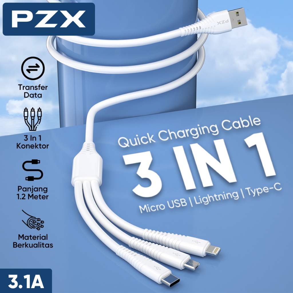 Jual Kabel Data PZX 3in1 Micro USB Type C Lightning Fast Charging 3.1A ...