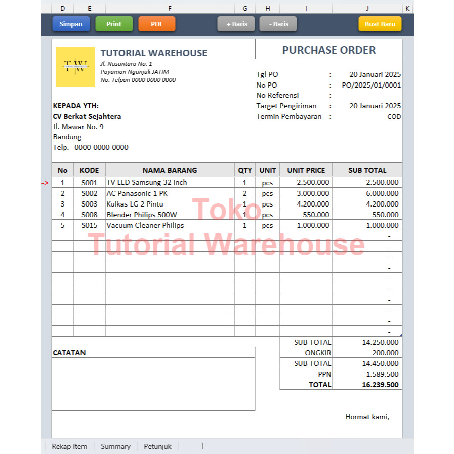 Jual Template Excel Purchase Order (PO) Otomatis Simpan ke Arsip, Cetak ...