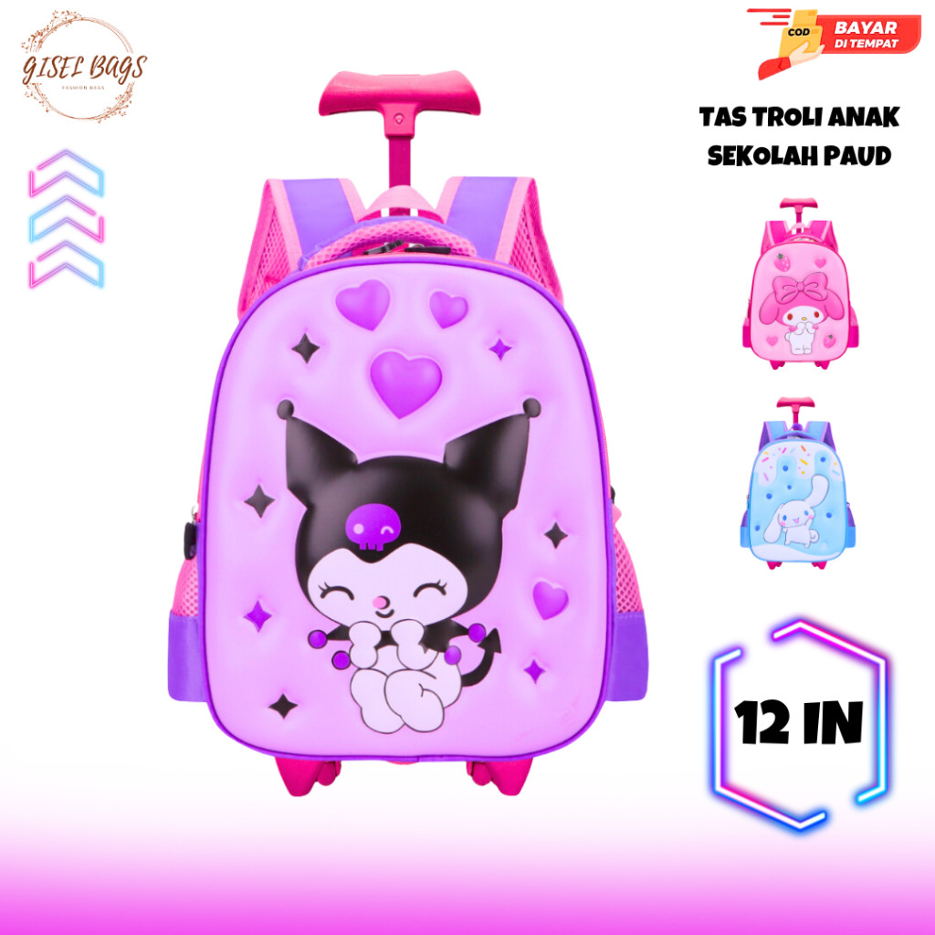 Jual RE36GY tas koper anak perempuan sekolah tk & paud gambar kuromi timbul 3D ransel troli ...