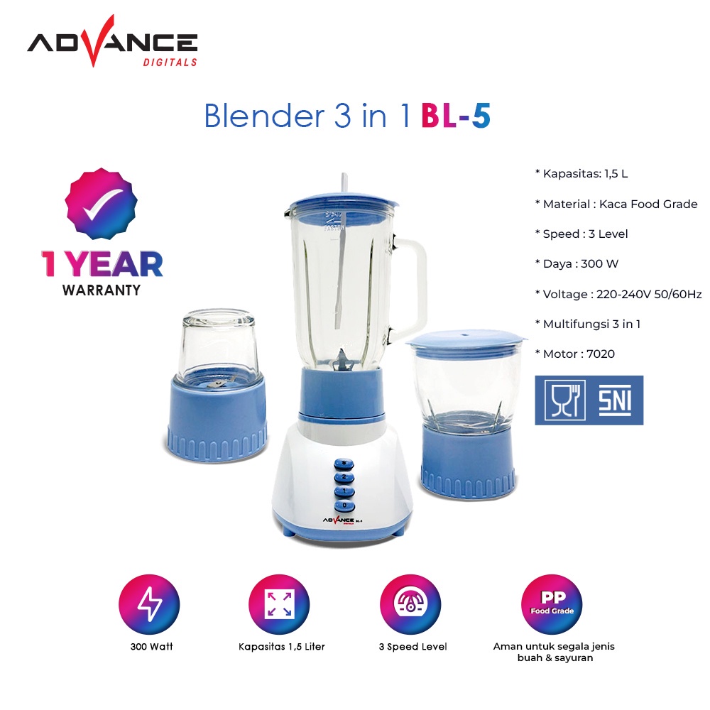 Jual ADVANCE Blender Multi Fungsi 3 in 1 Bahan Kaca 1.5 Liter BL-5 | Shopee Indonesia