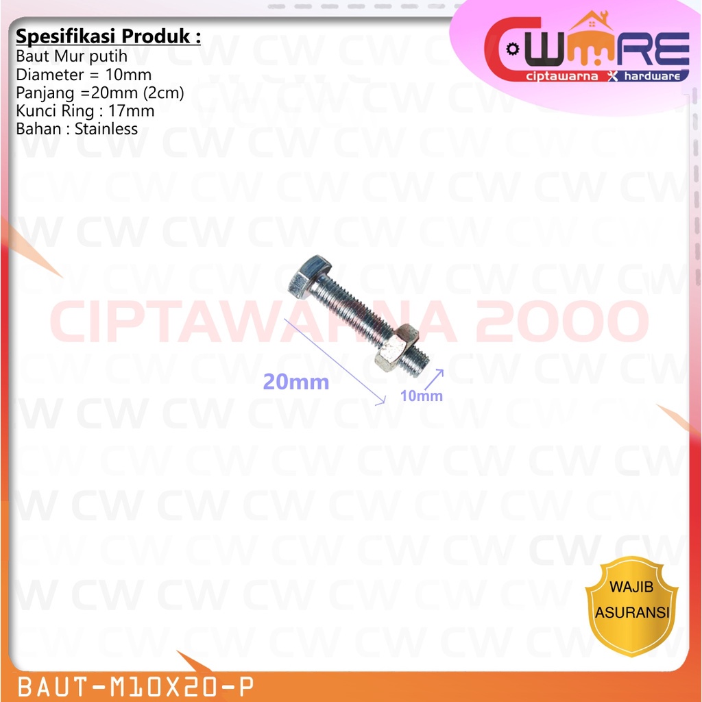 Jual Hex Stainless Steel 304 M10 X 20 Baut Mur Pengencang - Cw | Shopee Indonesia