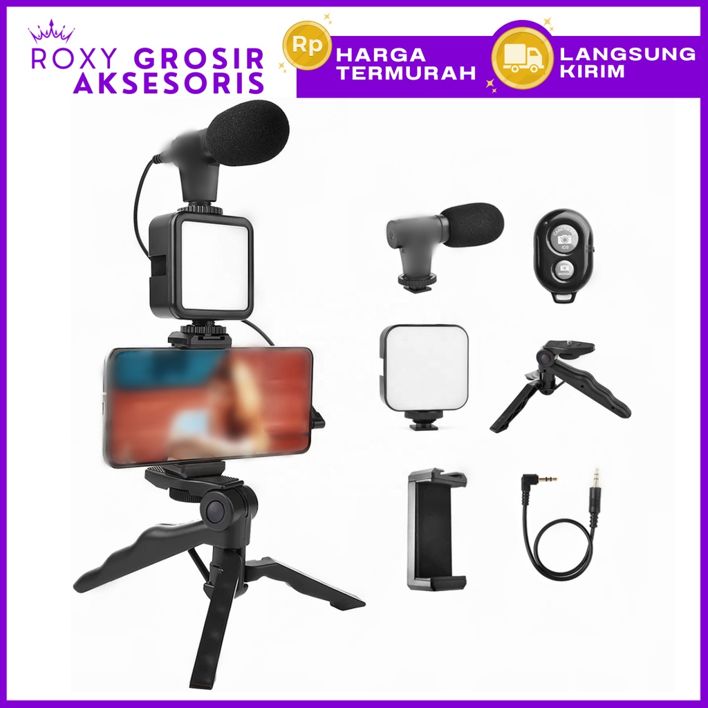 Jual Tripod Vlog set 5in1 paket tripod vlog led light microphone remote ...