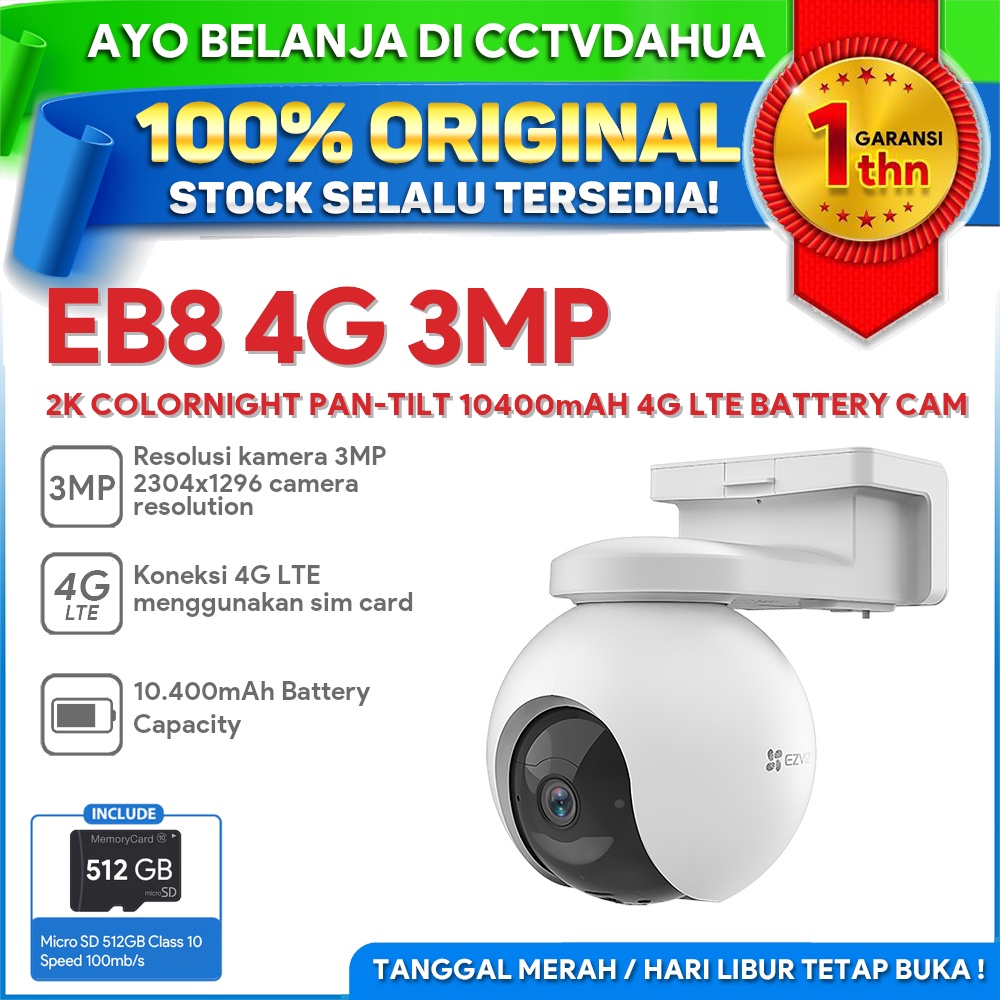Jual EZVIZ EB8 4G 3MP 2K COLORNIGHT PAN-TILT 10400MAH 4G LTE BATTERY ...