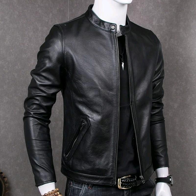 Jual Jaket Kulit Pria Slim-fitting Hitam Musim Dingin Polos Premium ...