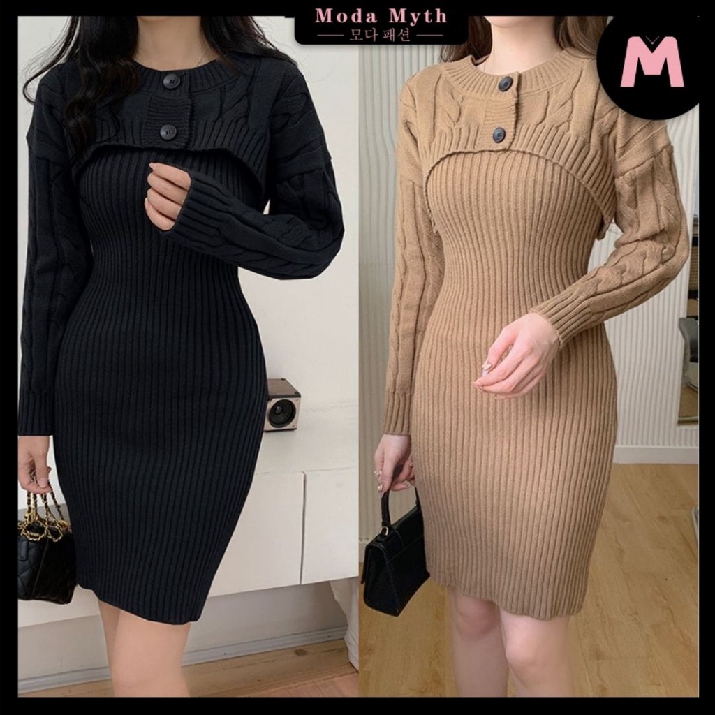 Jual MODAMYTH H18 - CARDIGAN DRESS RAJUT PRENIUM WANITA 1 SET FASHION KOREAN | Shopee Indonesia