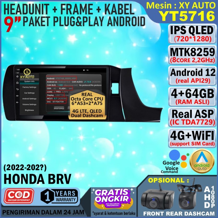 Jual Headunit Android 9 inch Honda BRV BR-V 2022 YT5716 RAM 4/64GB QLED ...