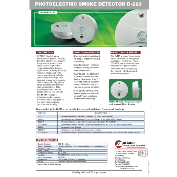 Jual Stand alone Smoke Detector DEMCO D-223 with batetery | Shopee ...