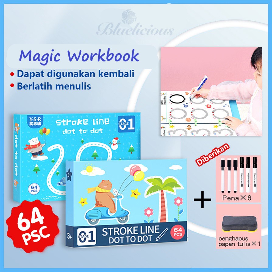 Jual MAGIC WORKBOOK Dot To Dot Wipe And Clean book activity Belajar Menulis Angka Garis [64 ...