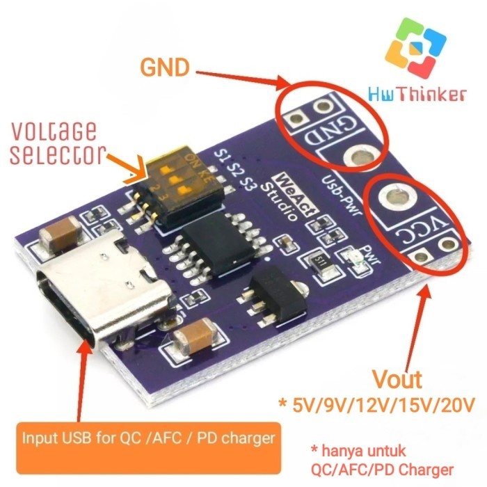 Jual Modul USB Type-C Power delivery PD Decoy Trigger to DC 9V 12V 15V 20V 3S | Shopee Indonesia