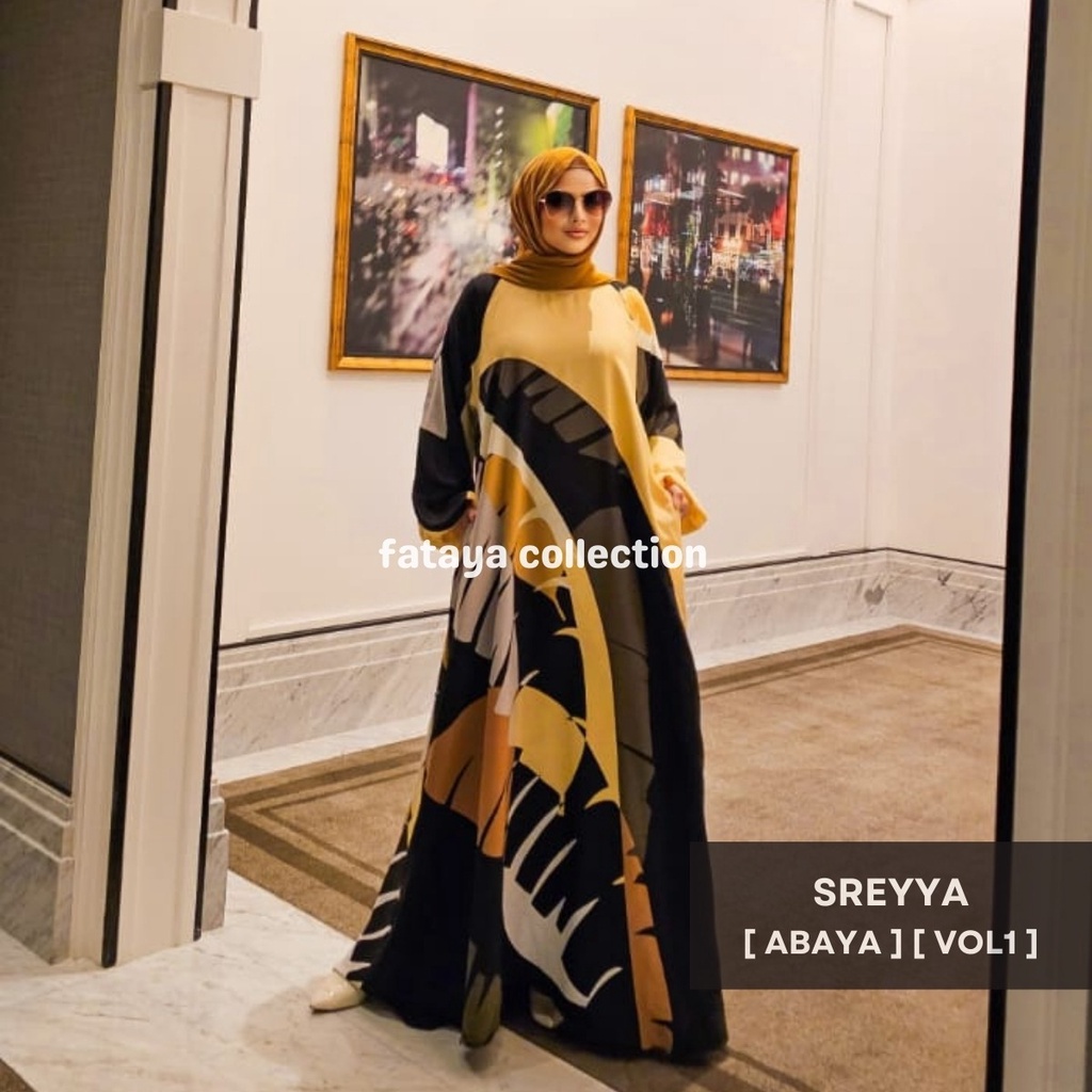 Jual Fataya Collection SREYYA Abaya Hitam Kuning Motif Daun - Bahan Crepe Silk Lingkar Dada ...