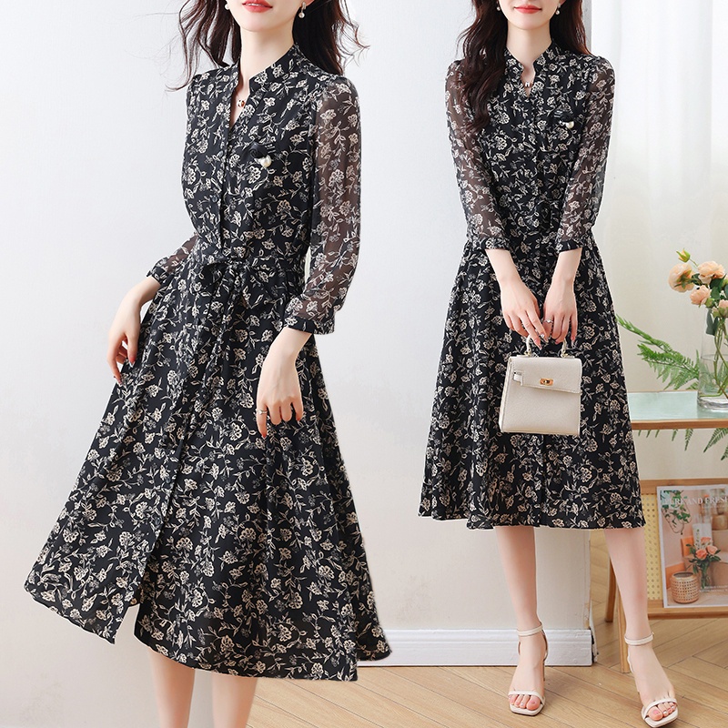 Jual FANMU 2024 Baru Gaun Motif Sifon Gaya Korea/Rok Panjang Kerah V ...