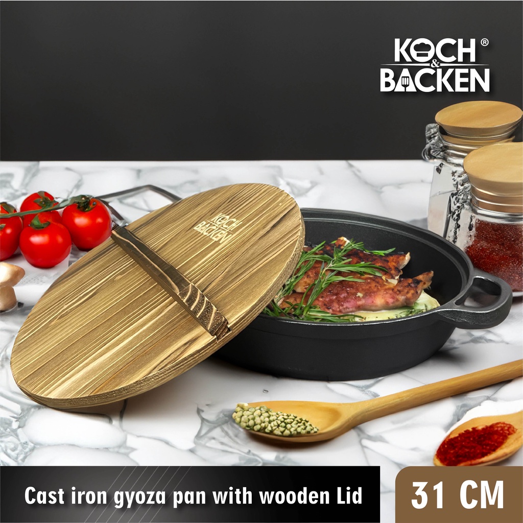 Jual KOCH&BACKEN Cast Iron Gyoza Pan with Wooden Lid - Sukiyaki Hotpot ...